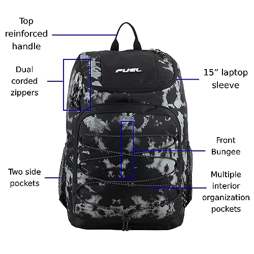 FUEL Wide Mouth Sports Backpack with Front Bungee and Inner Tech Pocket, Gungee Tie Dye/Black