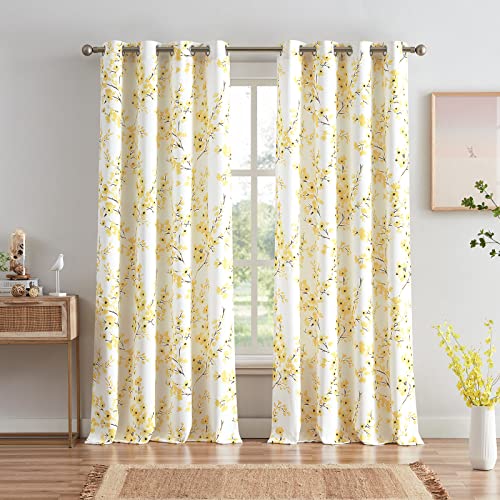 Melodieux Floral Curtains 84 Inches Long for Living Room, Farmhouse Yellow Apricot Flower Print White Decorative Grommet Drapes, 52x84 Inch, 2 Panels