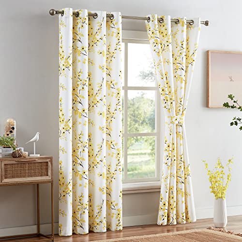 Melodieux Floral Curtains 84 Inches Long for Living Room, Farmhouse Yellow Apricot Flower Print White Decorative Grommet Drapes, 52x84 Inch, 2 Panels