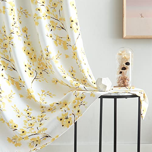 Melodieux Floral Curtains 84 Inches Long for Living Room, Farmhouse Yellow Apricot Flower Print White Decorative Grommet Drapes, 52x84 Inch, 2 Panels