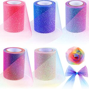 5 rolls rainbow glitter tulle rolls gradient fabric ribbon netting fabric tulle spool shiny sewing craft fabric glitter ribbon for sewing crafting fabric wedding birthday baby shower, 3 inch x 10 yard