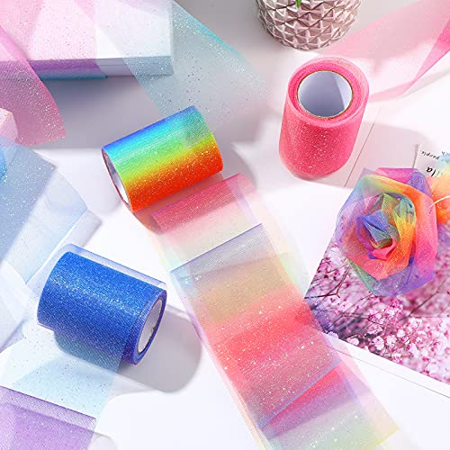 5 Rolls Rainbow Glitter Tulle Rolls Gradient Fabric Ribbon Netting Fabric Tulle Spool Shiny Sewing Craft Fabric Glitter Ribbon for Sewing Crafting Fabric Wedding Birthday Baby Shower, 3 Inch x 10 Yard