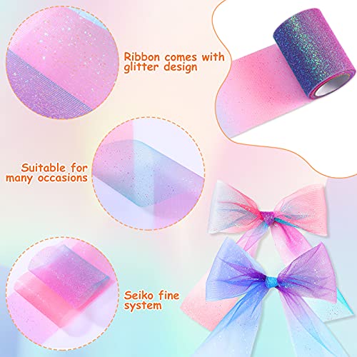 5 Rolls Rainbow Glitter Tulle Rolls Gradient Fabric Ribbon Netting Fabric Tulle Spool Shiny Sewing Craft Fabric Glitter Ribbon for Sewing Crafting Fabric Wedding Birthday Baby Shower, 3 Inch x 10 Yard