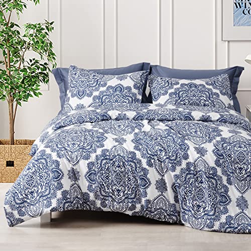 PHF Washed Duvet Cover Set King Size, 3PCS Boho Stylish, Ultra Soft Comfy Durable Paisley Comforter Duvet Cover Set with Pillow Shams Bedding Collection, 104" x 90", Royal Blue & White