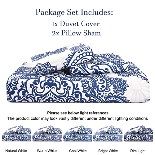 PHF Washed Duvet Cover Set King Size, 3PCS Boho Stylish, Ultra Soft Comfy Durable Paisley Comforter Duvet Cover Set with Pillow Shams Bedding Collection, 104" x 90", Royal Blue & White