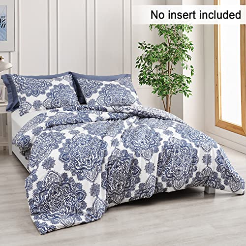 PHF Washed Duvet Cover Set King Size, 3PCS Boho Stylish, Ultra Soft Comfy Durable Paisley Comforter Duvet Cover Set with Pillow Shams Bedding Collection, 104" x 90", Royal Blue & White