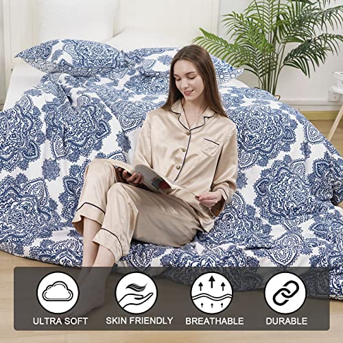 PHF Washed Duvet Cover Set King Size, 3PCS Boho Stylish, Ultra Soft Comfy Durable Paisley Comforter Duvet Cover Set with Pillow Shams Bedding Collection, 104" x 90", Royal Blue & White