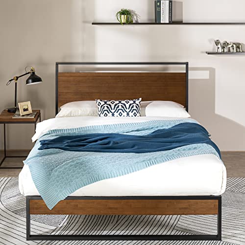 ZINUS Suzanne 44 Inch Bamboo and Metal Platform Bed Frame, Solid Steel Construction, No Box Spring Needed, Wood Slat Support, Easy Assembly, Chestnut Brown, Queen