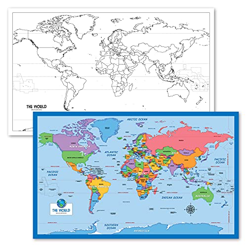 Palace Learning 2 Pack - Blank World Map Outline Poster + Simplified World Map for Kids [Blank] (LAMINATED, 18" x 29")