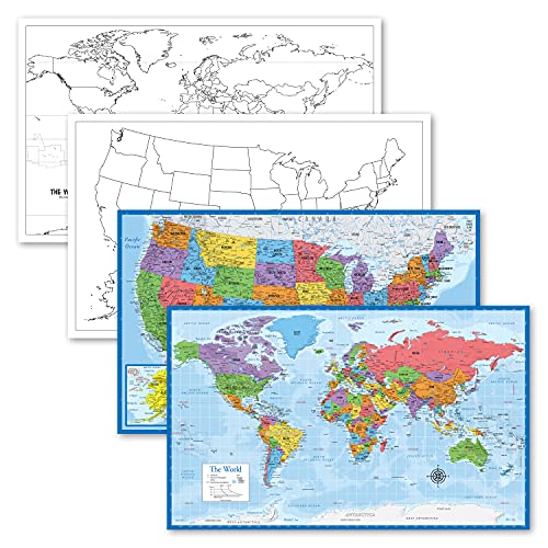 Palace Learning 4 Pack - USA & World Map Blank Outline Posters + World & USA Maps [Blue Ocean] (LAMINATED, 18" x 29")