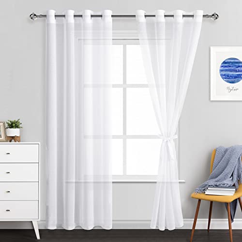 JIUZHEN White Sheer Curtains 84 Inches Long - Grommet Semi Transparent Light Filtering Window Drapes for Bedroom Living Room, 52Wx 84L, Set of 2 with Tiebacks