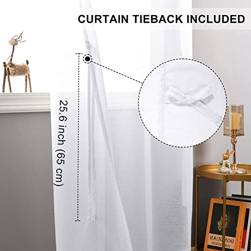 JIUZHEN White Sheer Curtains 84 Inches Long - Grommet Semi Transparent Light Filtering Window Drapes for Bedroom Living Room, 52Wx 84L, Set of 2 with Tiebacks