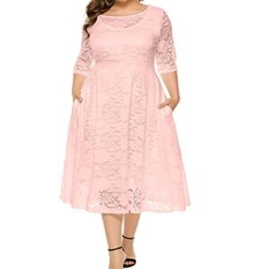 Eternatastic Womens Scooped Neckline Floral lace Top Plus Size Cocktail Party Midi Dress 3XL Pink