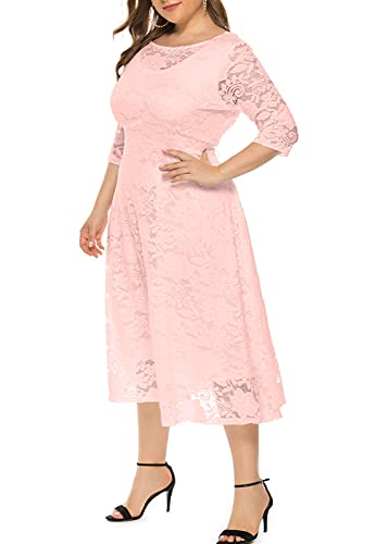 Eternatastic Womens Scooped Neckline Floral lace Top Plus Size Cocktail Party Midi Dress 3XL Pink