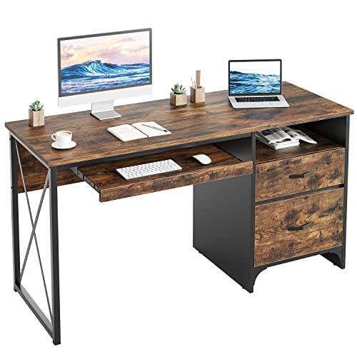 Bestier Office Desk with Drawers, 55 inch Industrial Computer Desk with Storage, Wood Teacher Desk with Keyboard Tray & File Drawer for Home Office, Rustic Brown