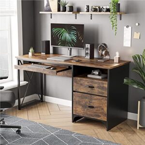 Bestier Office Desk with Drawers, 55 inch Industrial Computer Desk with Storage, Wood Teacher Desk with Keyboard Tray & File Drawer for Home Office, Rustic Brown