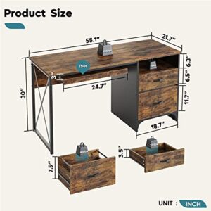 Bestier Office Desk with Drawers, 55 inch Industrial Computer Desk with Storage, Wood Teacher Desk with Keyboard Tray & File Drawer for Home Office, Rustic Brown