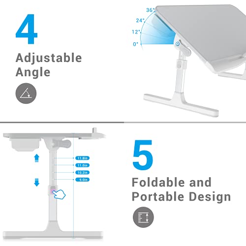 Laptop Bed Tray Desk, PVC Leather Adjustable Laptop Stand Bed Table, COKWEL Foldable Notebook Table with Storage Drawer for Bed Sofa Couch Eating Reading Working(Large, Gray)