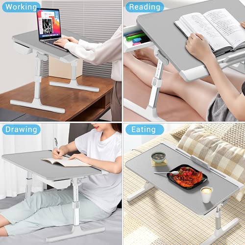 Laptop Bed Tray Desk, PVC Leather Adjustable Laptop Stand Bed Table, COKWEL Foldable Notebook Table with Storage Drawer for Bed Sofa Couch Eating Reading Working(Large, Gray)