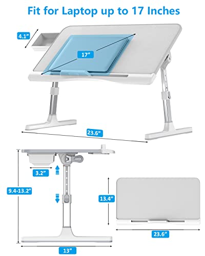 Laptop Bed Tray Desk, PVC Leather Adjustable Laptop Stand Bed Table, COKWEL Foldable Notebook Table with Storage Drawer for Bed Sofa Couch Eating Reading Working(Large, Gray)