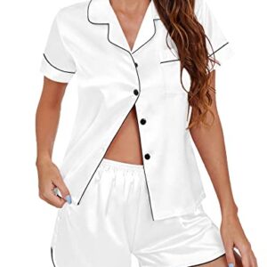 SWOMOG Womens Silk Satin Pajama Set Short Sleeve Pjs Set 2 Piece Button Down Sleepwear Lounge Sets Loungewear White