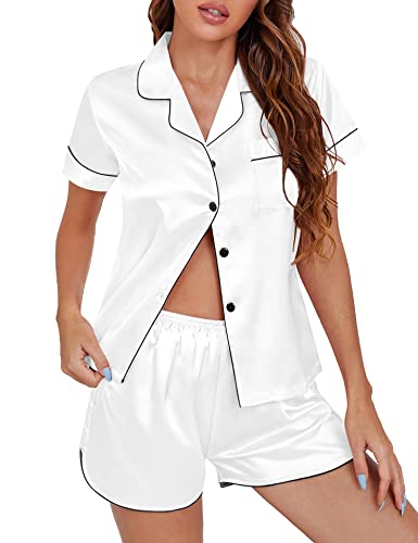 SWOMOG Womens Silk Satin Pajama Set Short Sleeve Pjs Set 2 Piece Button Down Sleepwear Lounge Sets Loungewear White