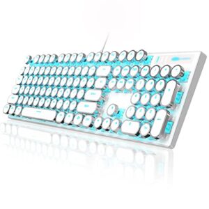 camiysn typewriter style mechanical gaming keyboard, white retro punk gaming keyboard with blue backlit, 104 keys blue switch wired cute keyboard, round keycaps for windows/mac/pc