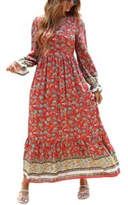 prettygarden women's long sleeve floral dress - v-neck casual boho fall long maxi dresses for wedding guest (red,medium)