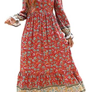 PRETTYGARDEN Women's Long Sleeve Floral Dress - V-Neck Casual Boho Fall Long Maxi Dresses for Wedding Guest (Red,Medium)