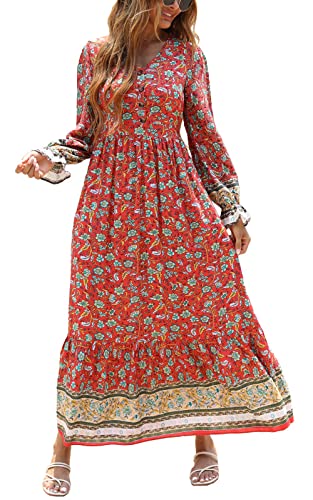 PRETTYGARDEN Women's Long Sleeve Floral Dress - V-Neck Casual Boho Fall Long Maxi Dresses for Wedding Guest (Red,Medium)