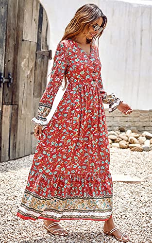 PRETTYGARDEN Women's Long Sleeve Floral Dress - V-Neck Casual Boho Fall Long Maxi Dresses for Wedding Guest (Red,Medium)