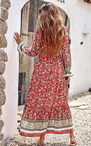 PRETTYGARDEN Women's Long Sleeve Floral Dress - V-Neck Casual Boho Fall Long Maxi Dresses for Wedding Guest (Red,Medium)