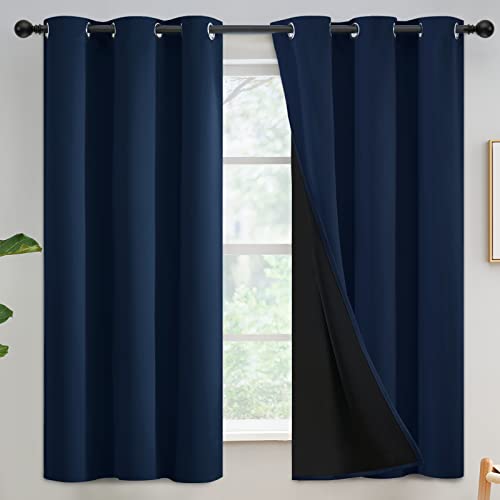 Yakamok Navy Blue Curtains 100% Blackout Curtains for Bedroom - Grommet Thermal Insulated Full Room Darkening Block Out Curtains with Black Liner for Bedroom, Set of 2 Panels, W42 x L63 Inch