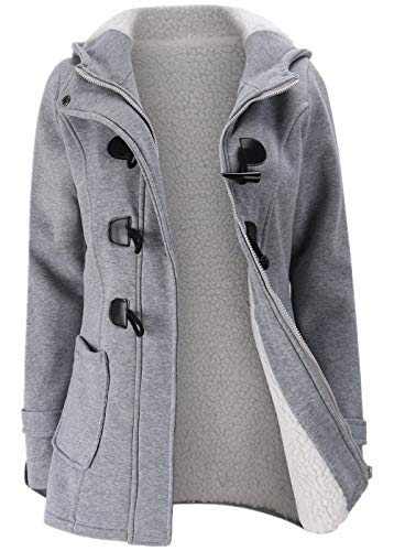 JiangWu Womens Fashion Horn Button Fleece Thicken Coat with Hood Winter Warm Jacket (Large, Light-gray)