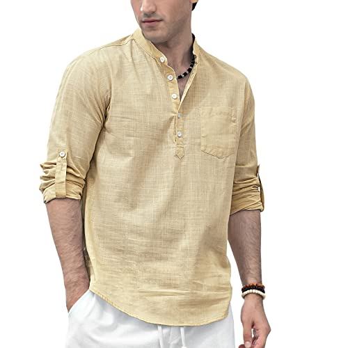 Enlision Beige Casual Henley Shirts for Men Summer Beach Long Sleeve Cotton Linen Hippie Shirt Hawaiian Tropical Button Down Yoga Top Shirt Khaki