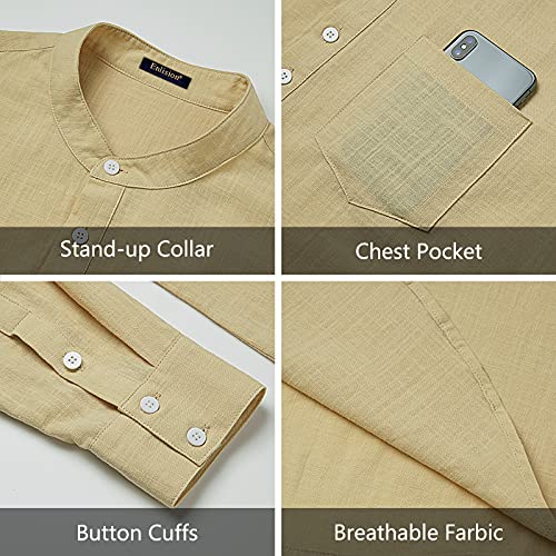 Enlision Beige Casual Henley Shirts for Men Summer Beach Long Sleeve Cotton Linen Hippie Shirt Hawaiian Tropical Button Down Yoga Top Shirt Khaki