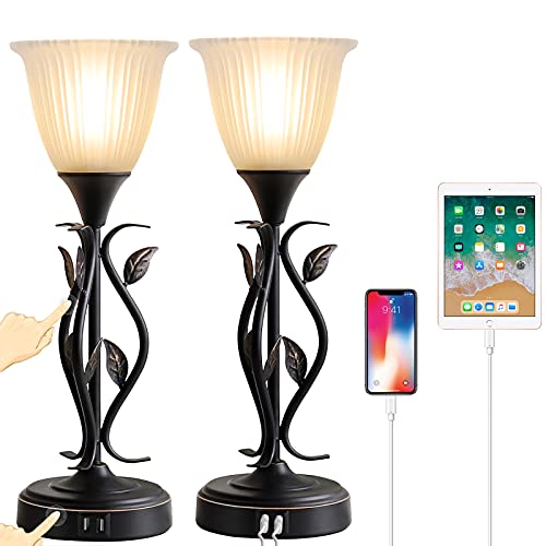 Opoway Set of 2 Touch Control Table Lamps, 3-Way Dimmable Torchiere Bedside Lamps with Dual USB Charging Ports, Leaf Body and Glass Shade Retro Lamps for Living Room, Bedroom, LED Bulb Included