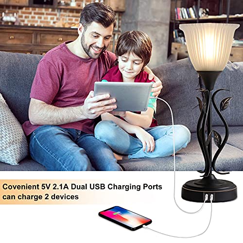 Opoway Set of 2 Touch Control Table Lamps, 3-Way Dimmable Torchiere Bedside Lamps with Dual USB Charging Ports, Leaf Body and Glass Shade Retro Lamps for Living Room, Bedroom, LED Bulb Included