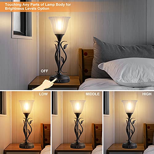 Opoway Set of 2 Touch Control Table Lamps, 3-Way Dimmable Torchiere Bedside Lamps with Dual USB Charging Ports, Leaf Body and Glass Shade Retro Lamps for Living Room, Bedroom, LED Bulb Included