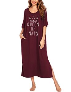 ekouaer women long nightgown soft short sleeve o neck sleepwear plus size night shirt nightshirt wine red xxxl