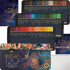 castle art supplies gold standard 120 coloring pencils set | quality oil-based colored cores stay sharper, tougher against breakage | for adult artists, colorists | in presentation tin box