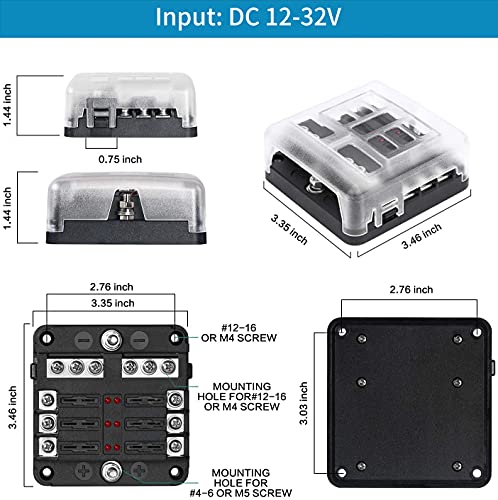 6 Way Fuse Block,12V Blade Fuse 6 Circuit ATC/ATO Waterproof Fuse Box Holder with LED Indicator Waterpoof Cover for 12V/24V Automotive Truck Boat Marine RV Van Vehicle