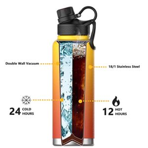 IDEUS Insulated Stainless Steel Water Bottle with 2 Leak-Proof Lids, Thermal Water Flask for Hiking Biking, 40oz, Yellow