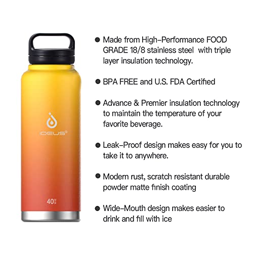 IDEUS Insulated Stainless Steel Water Bottle with 2 Leak-Proof Lids, Thermal Water Flask for Hiking Biking, 40oz, Yellow