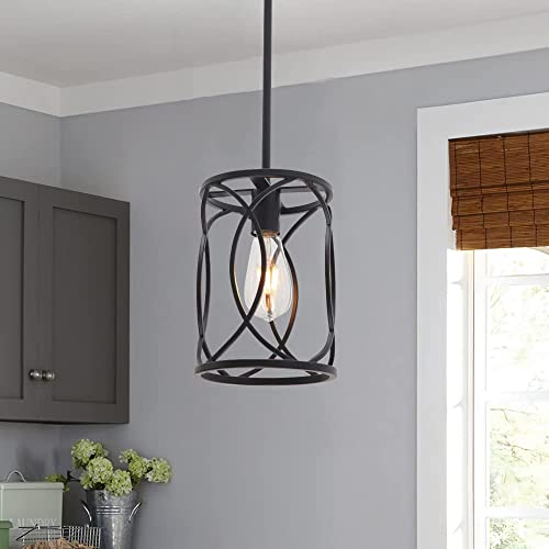 MELUXEM 1 Light Industrial Pendant Light Modern Black Cage Kitchen Island Chandelier Hanging Lighting Fixture Indoor Metal Mini Ceiling Lamp for Dining Room Entryway