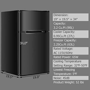 KOTEK Mini Fridge with Freezer, 3.2 Cu.Ft Compact Refrigerator with Reversible 2 Doors, 7 Level Adjustable Thermostat & Removable Shelves, Small Refrigerator for Bedroom/Office/Dorm/Apartment (Black)