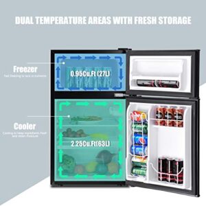 KOTEK Mini Fridge with Freezer, 3.2 Cu.Ft Compact Refrigerator with Reversible 2 Doors, 7 Level Adjustable Thermostat & Removable Shelves, Small Refrigerator for Bedroom/Office/Dorm/Apartment (Black)