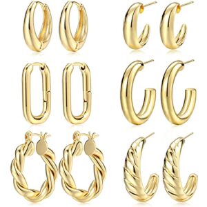 gold hoop earrings set for women, 6 pairs 14k gold plated lightweight hypoallergenic chunky open hoops jewelry for gift