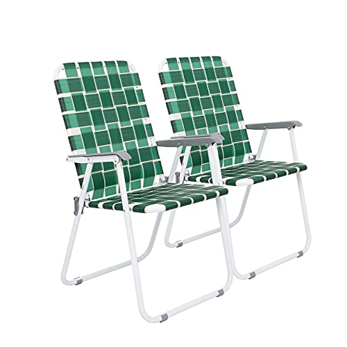 VINGLI Patio Lawn Webbed Folding Chairs Set of 2, Outdoor Beach Portable Camping Chair for Yard, Garden (Dark Green, Classic)