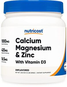 nutricost calcium magnesium zinc with vitamin d3 powder, 60 servings (unflavored) - calcium (1000 mg) magnesium (420 mg) zinc (16.5 mg) vitamin d3 (30 mcg) - gluten free, non-gmo